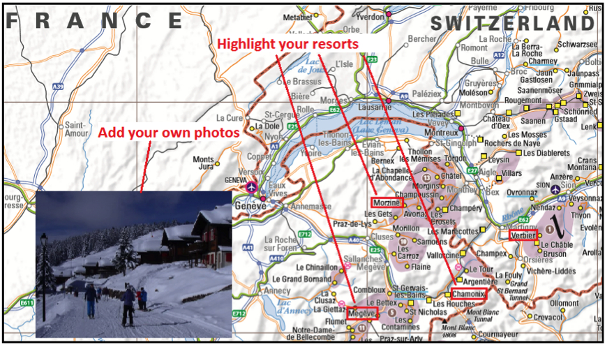 Customised Ski resort map of the Alps